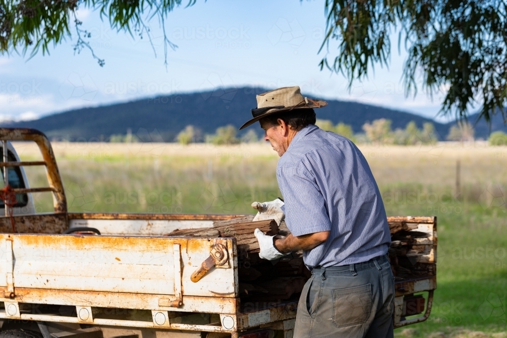 Image of Aussie farmer unloading firewood from farm ute - Austockphoto