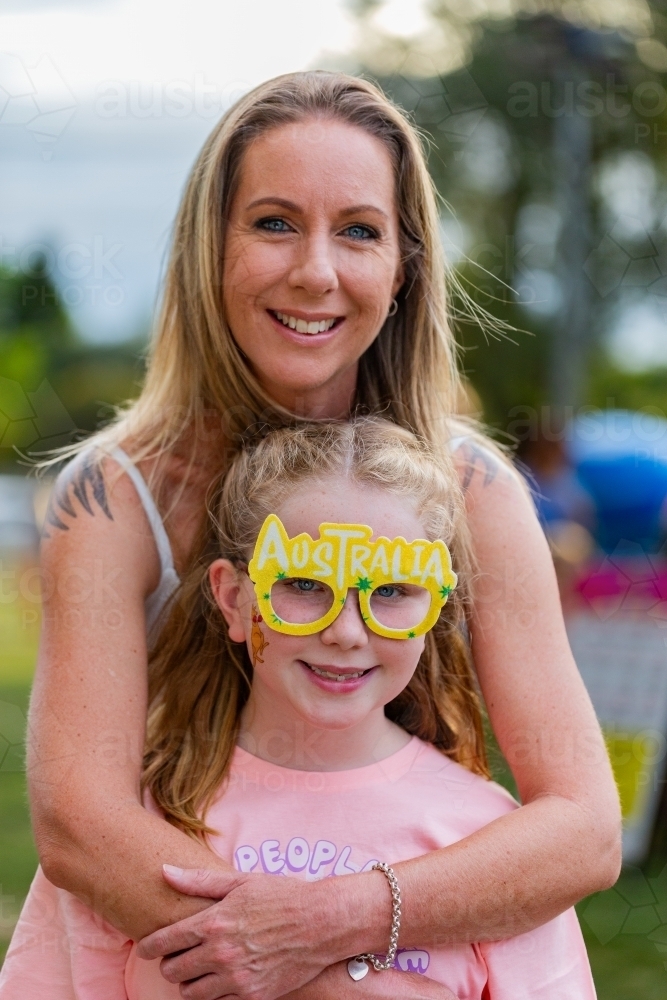 Image of Aussie mum and kid at Australia day eve event wearing silly ...