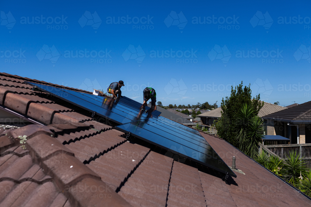 Image of Aussie tradie men installing solar panels on hot sunlit roof ...