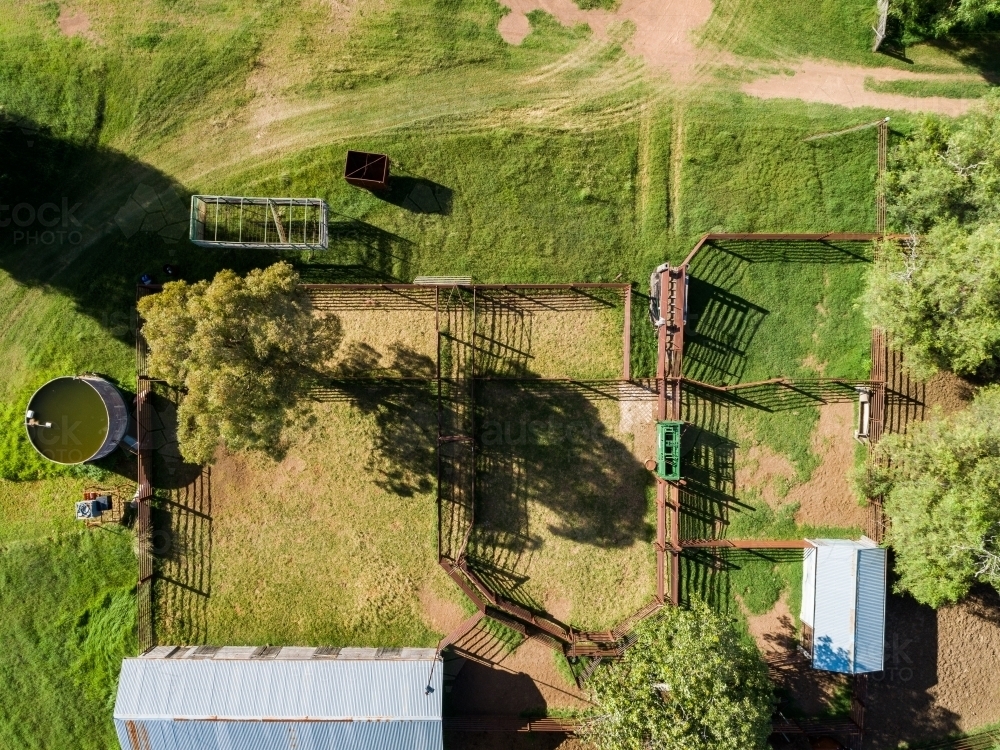 Image of Australian cattle yards seen in overhead top down aerial view ...