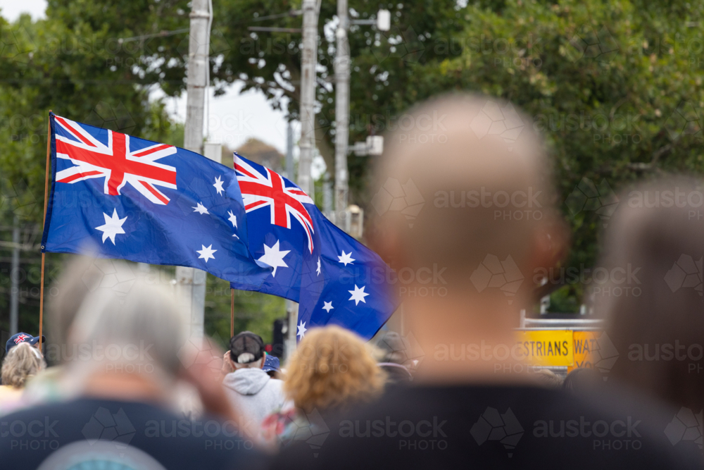 Image of Australian flags and crowd on Australia day - Austockphoto
