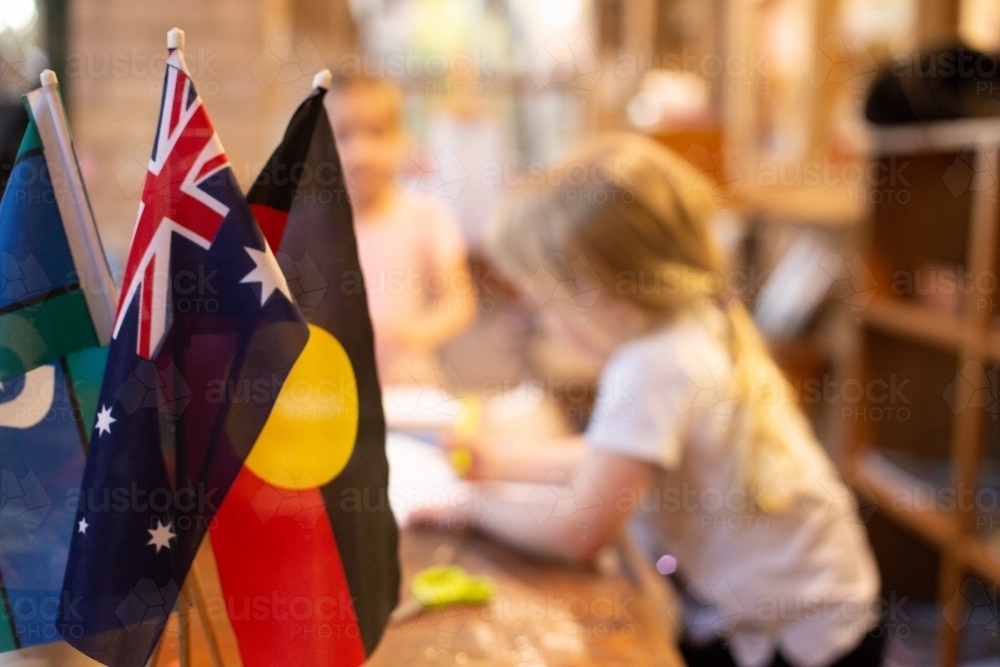 Image of Australian flags at a pre-school - Austockphoto