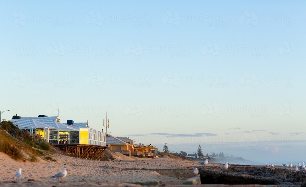 Image of Back Beach at Bunbury with buildings and seagulls - Austockphoto