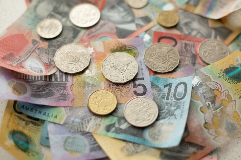 Image of background of Australian notes and coins filling the frame ...
