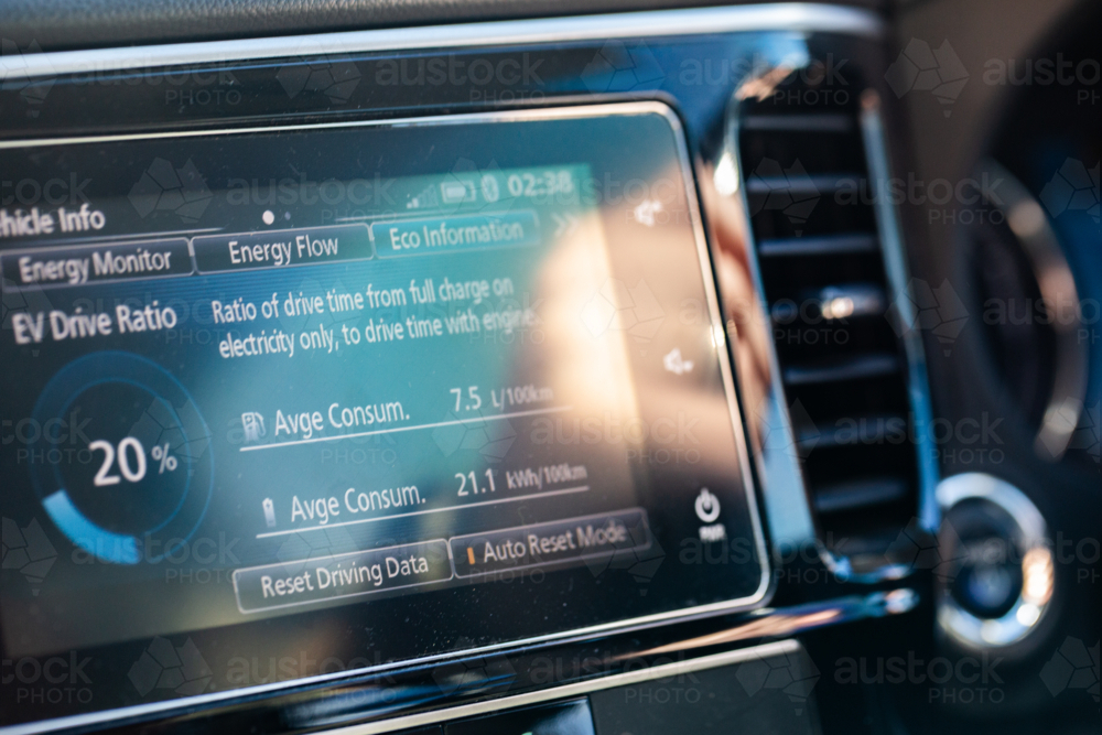 Image of battery energy and petrol consumption data screen on hybrid ...