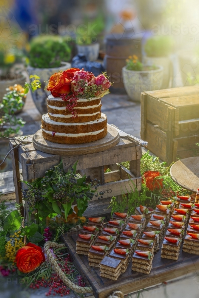 Image of Beautiful sponge cake at birthday with flowers - Austockphoto