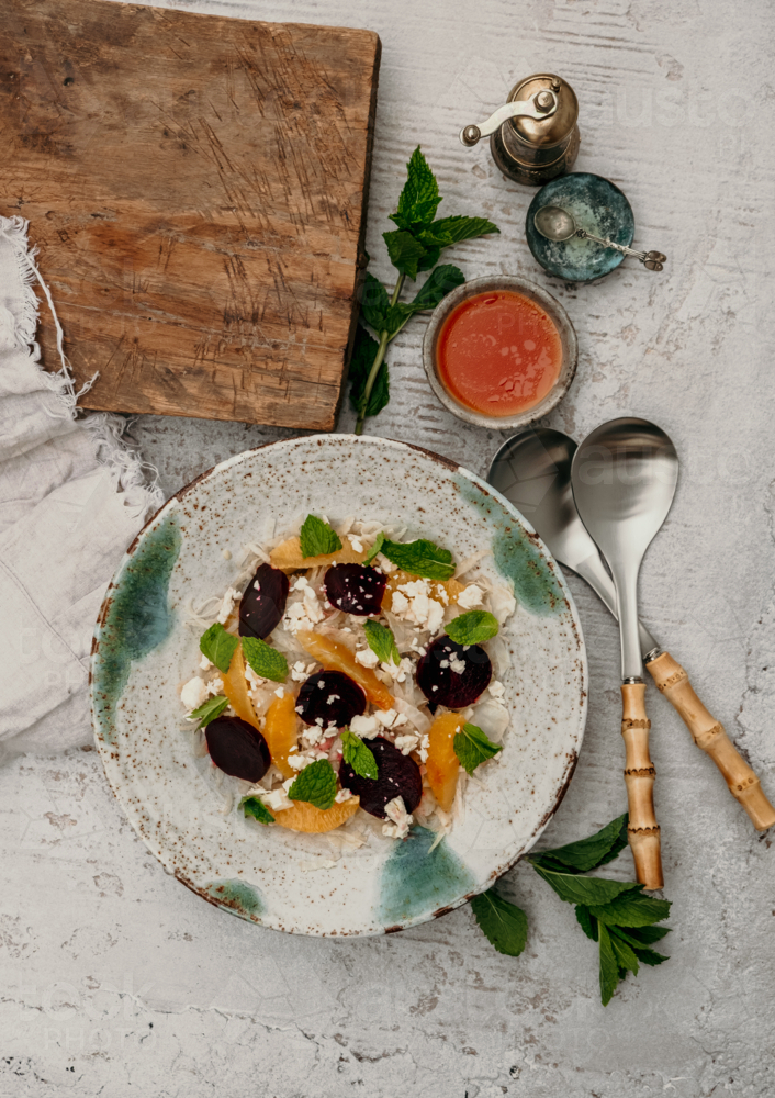 Image of beetroot and orange salad from above. - Austockphoto