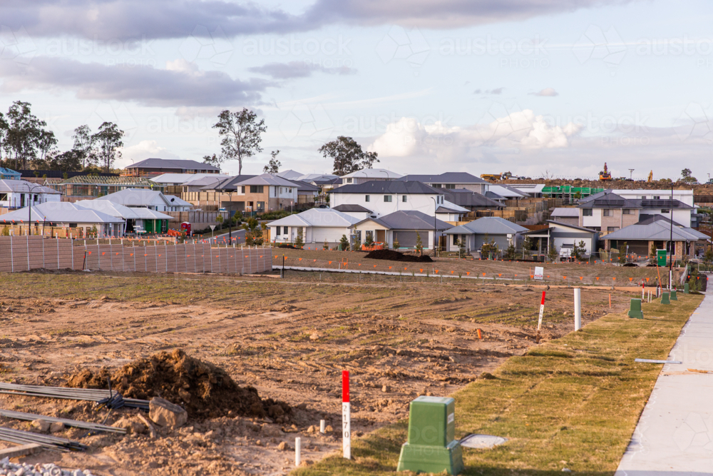 Image of blocks of land cleared for new development in outer suburb ...