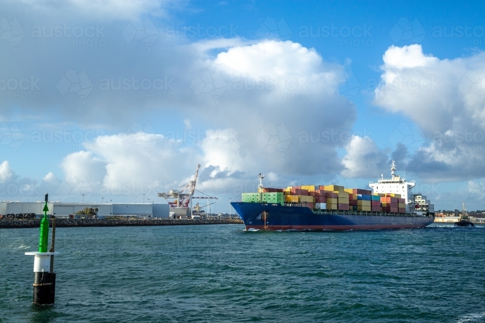Image of Blue hulled container ship departing Port of Fremantle ...