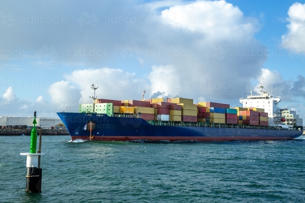 Image of Blue hulled container ship departing Port of Fremantle ...