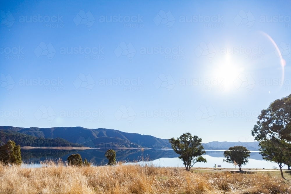 Image of Blue sky and mountains with lake, Blowering Reservoir ...