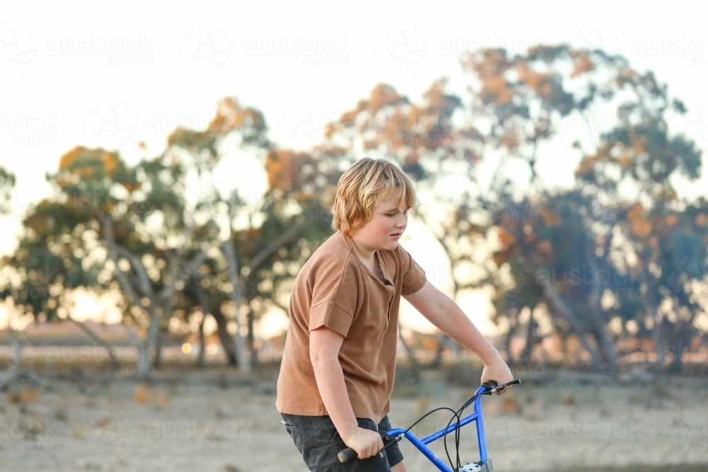 Image of Boy riding BMX bike on farm - Austockphoto