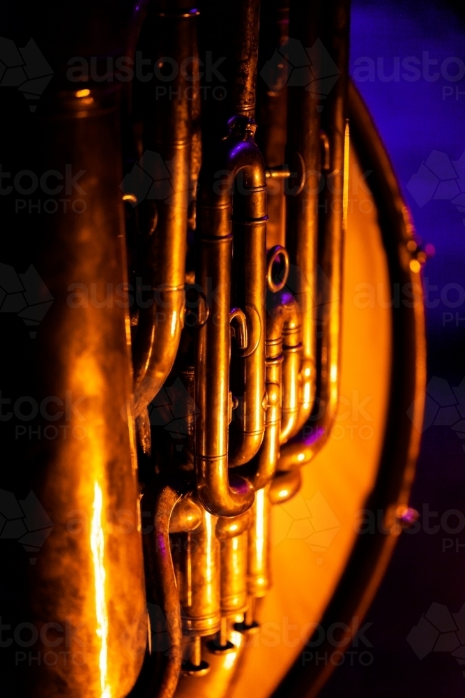 Image of Brass musical instrument beside drum on stage at music concert ...