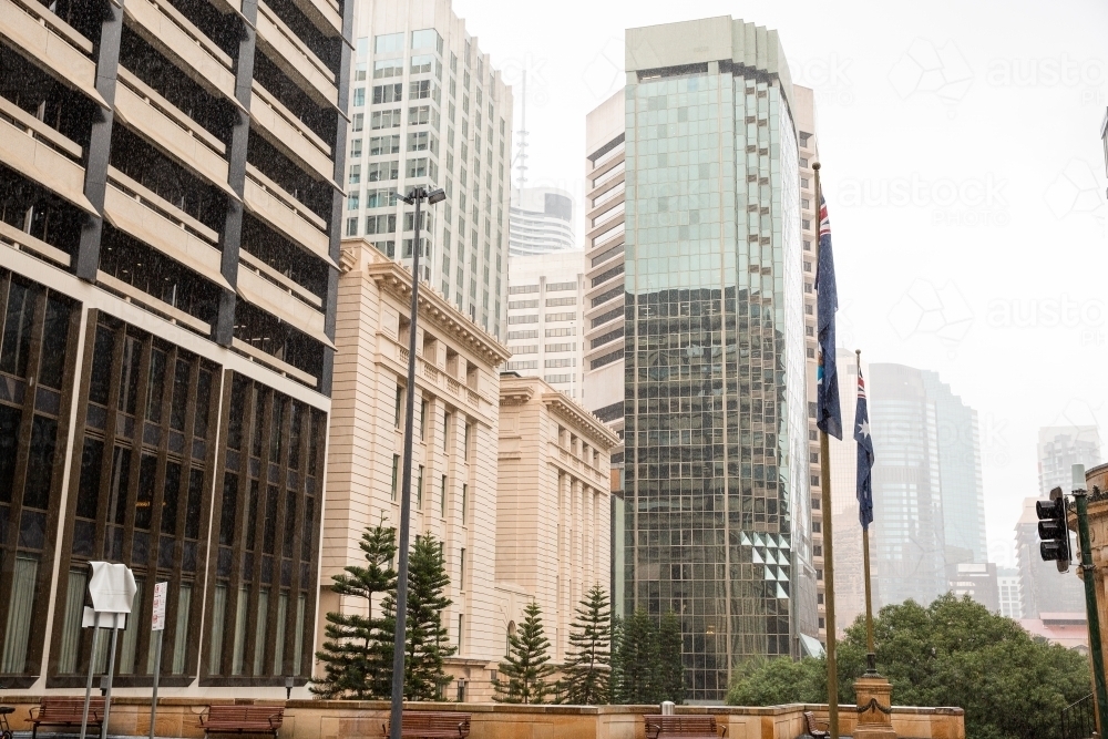 Image of Brisbane city buildings on a wet and rainy day - Austockphoto