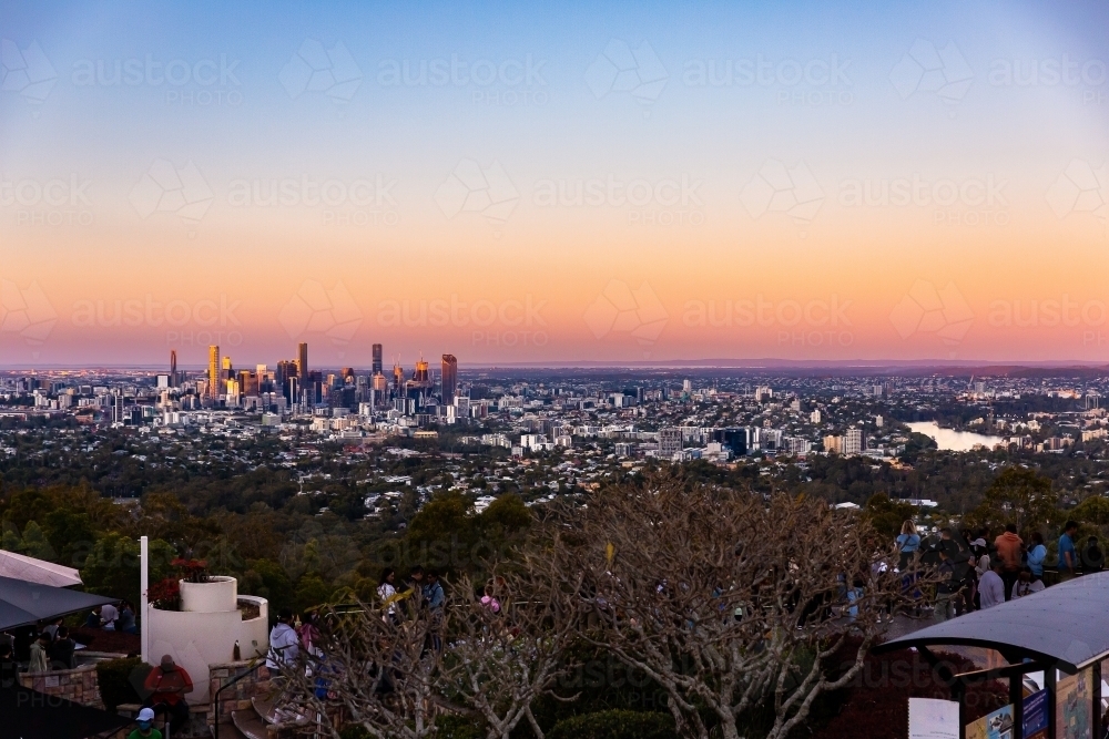 Image of Brisbane City skyline at sunset from Mount Coot-tha - Austockphoto