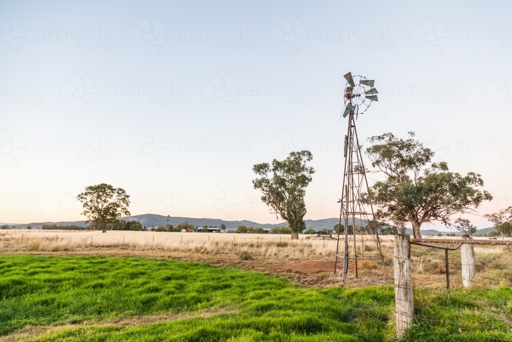 Image of Broken down old windmill on farm with green grass bog ...