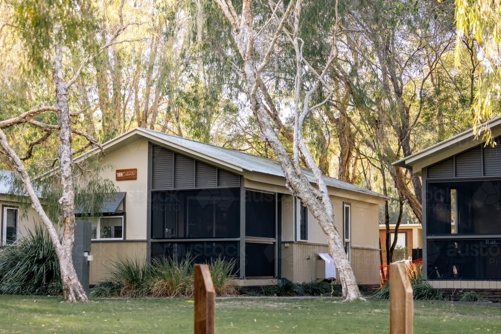 Image of Cabins at caravan park under lush gum trees - Austockphoto
