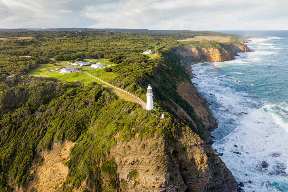 Image of Cape Otway Lighthouse on Australian coastline seen from aerial ...