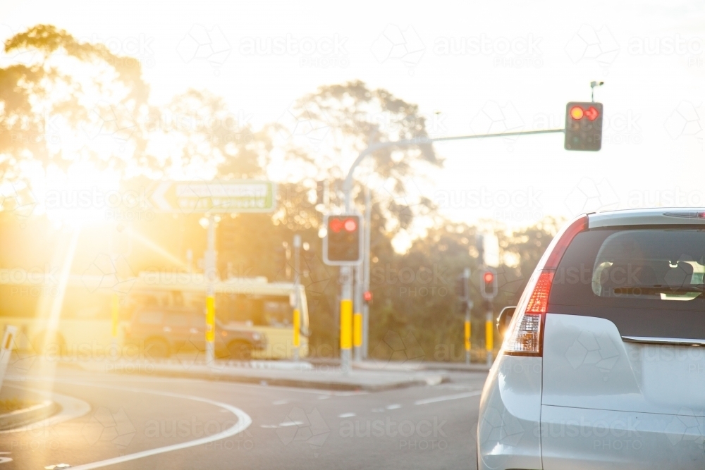 Image of Cars in peak hour traffic approaching traffic lights on road ...