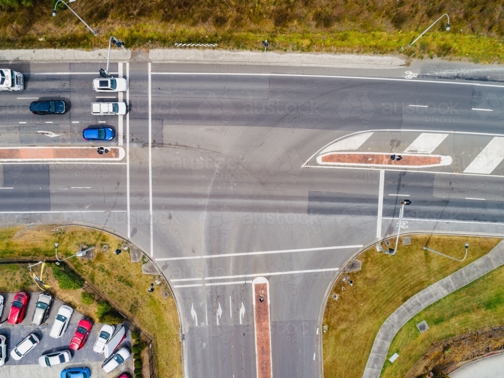 Image of Cars queuing at intersection from overhead - Austockphoto