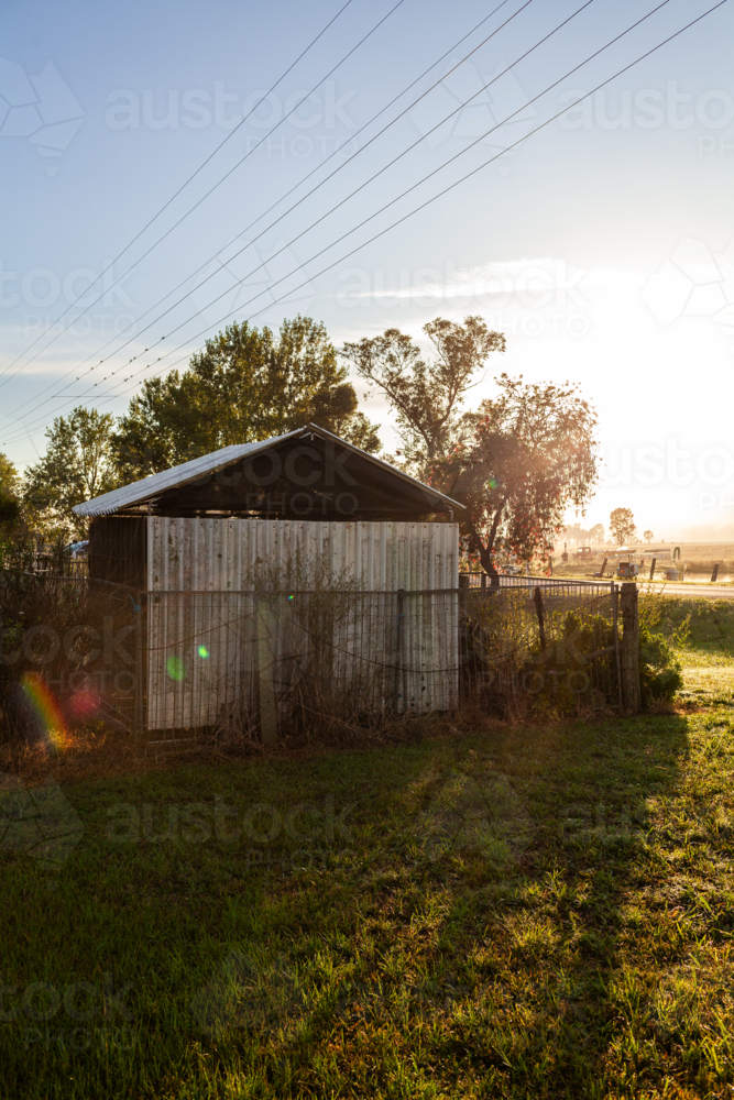 Image of chook shed in corner of yard in rural location with powerlines ...