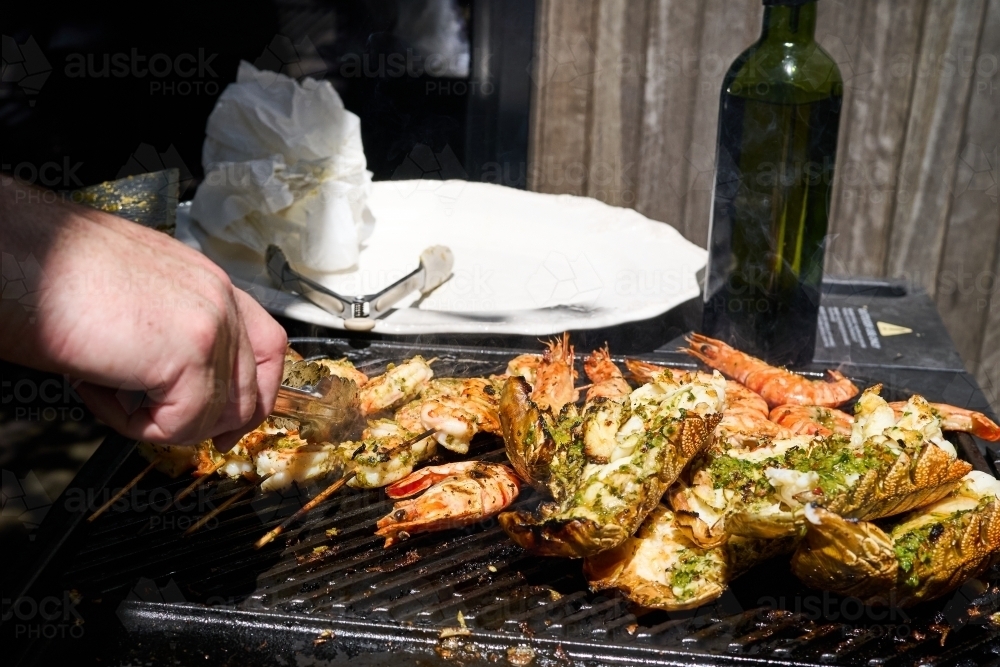 Image of Christmas Day seafood barbecue of King Prawns and Moreton Bay ...