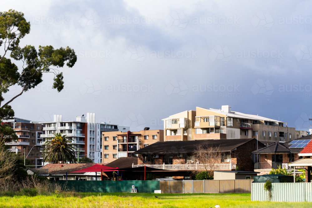 Image of City building sin Sydney suburb with dramatic sky above ...