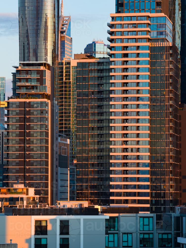 Image of Close up aerial view of high-rise buildings and towers in a ...