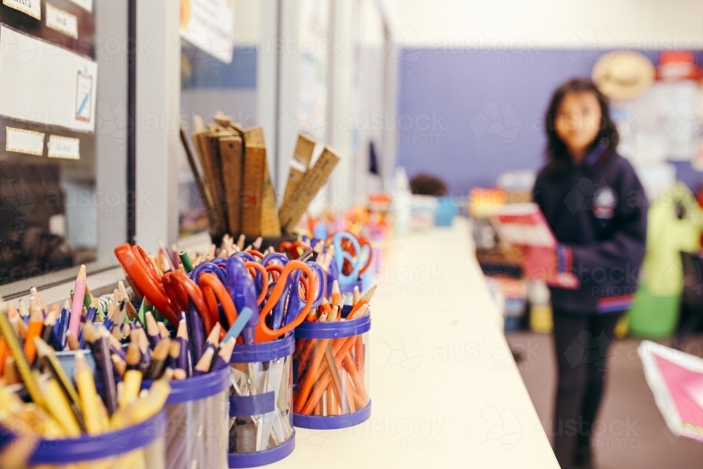 Image of Close up of school stationery in the classroom - Austockphoto