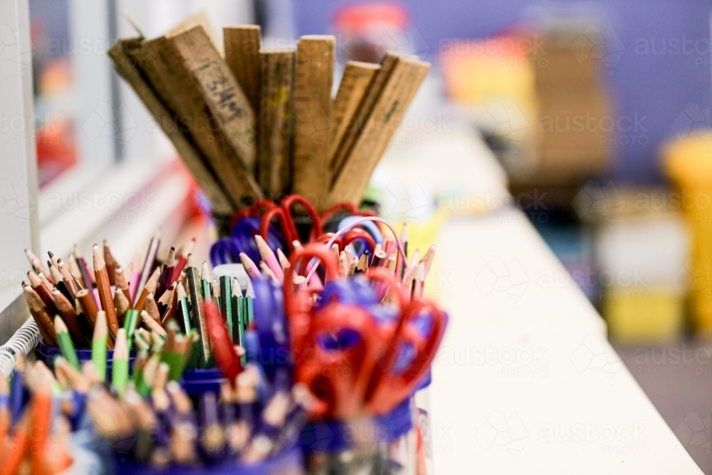 Image of Close-up of school stationery in the classroom - Austockphoto