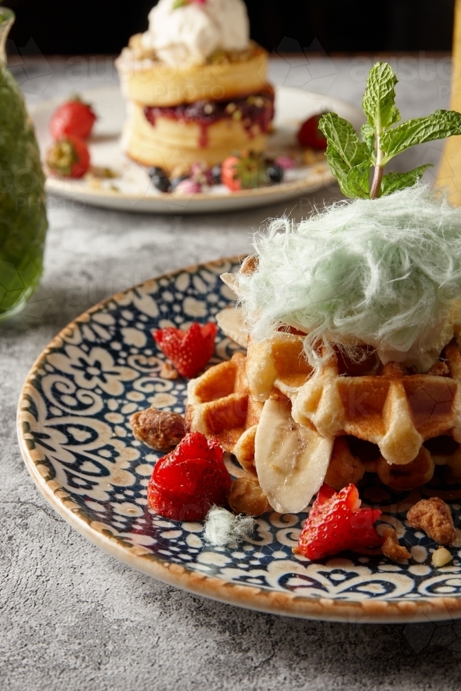 Image of Close up of waffles, ice cream and fairy floss dessert ...