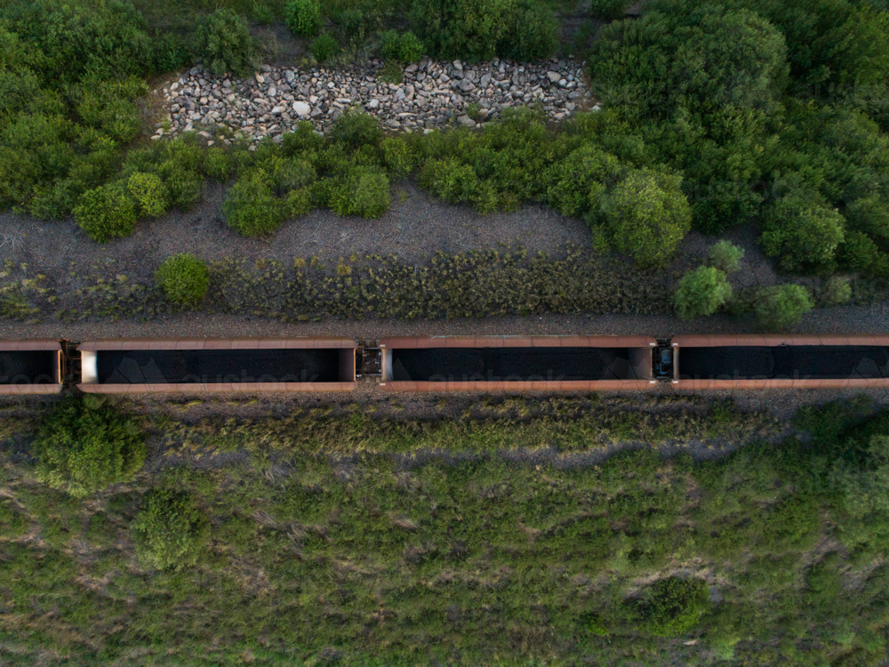 Image of Coal train full of coal seen from overhead aerial view ...