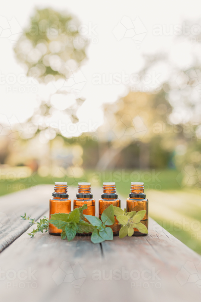 Image of Collection of four amber essential oil bottles in natural ...