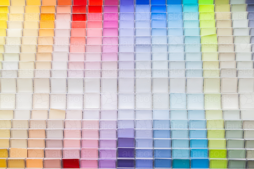 Image of Colourful rows of wall paint samples at hardware shop ...