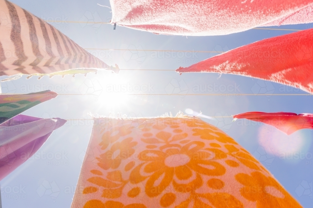 Image of Colourful towels and swimmers hanging on washing line ...