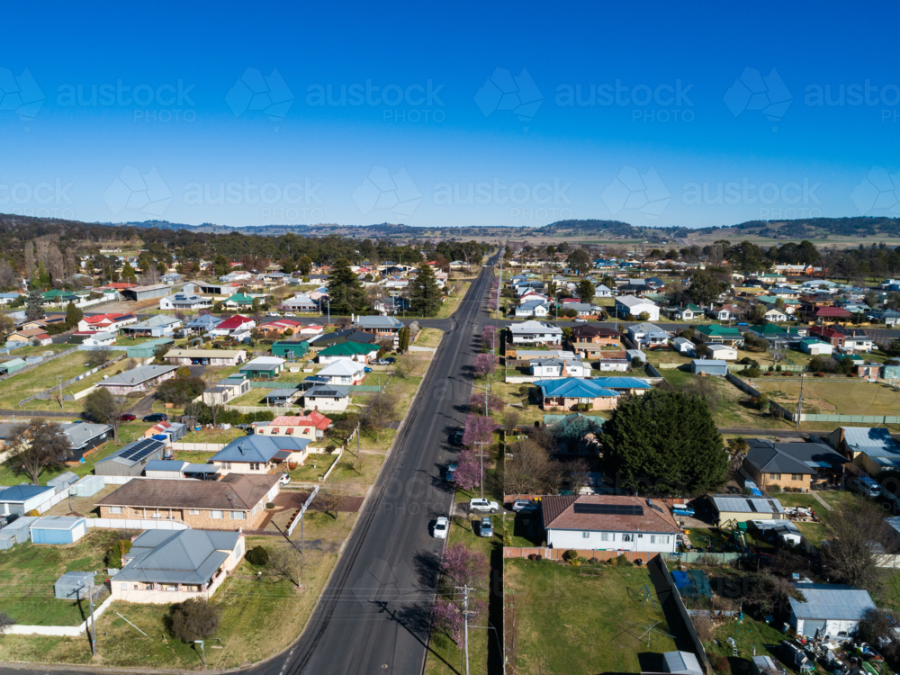 Image of country town street on late winter morning with pink blossoms ...