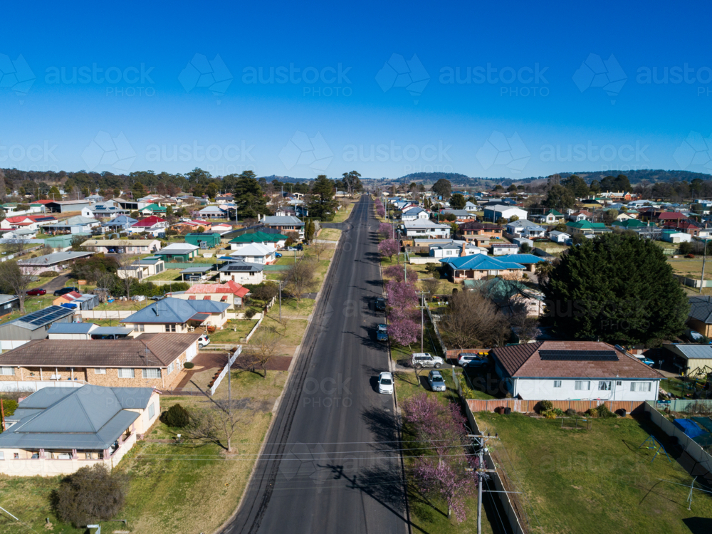 Image of country town street on late winter morning with pink blossoms ...