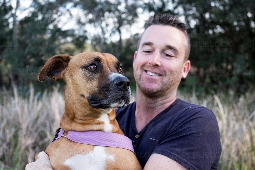 Image of Cross breed large Dog and male owner sitting behind looking at ...