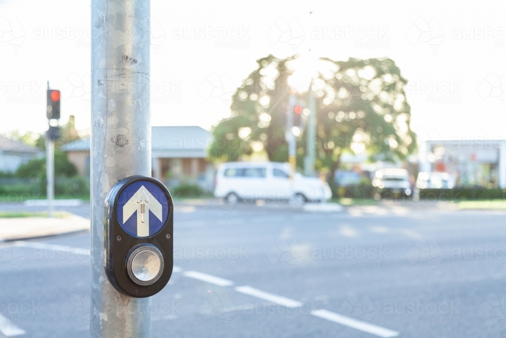 Image of Crosswalk button at pedestrian crossing at traffic light ...