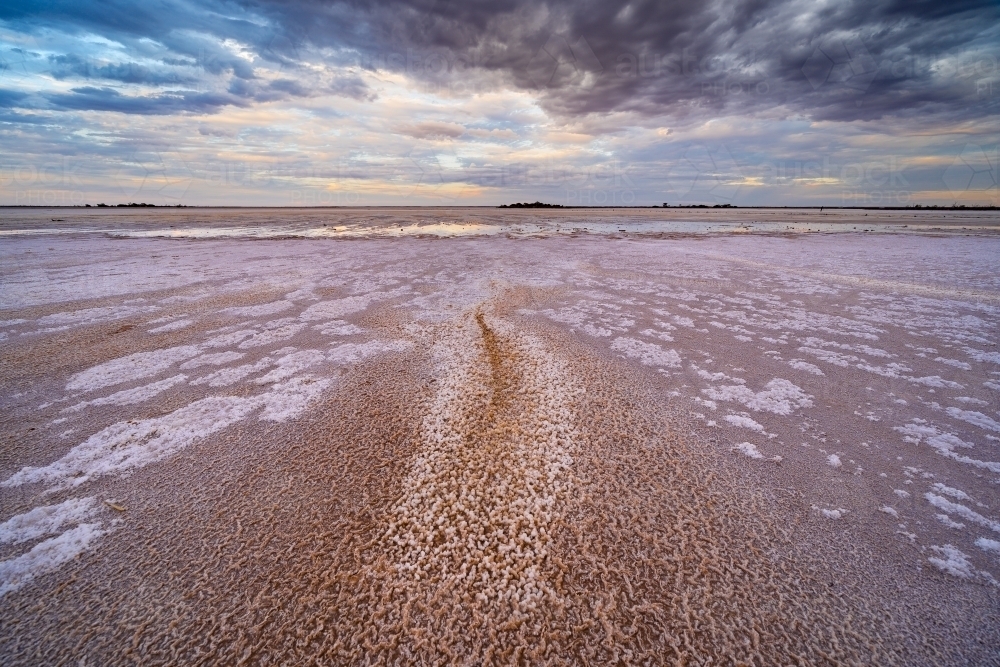 Image of Crusty salt patterns on a dry lake bed under a gloomy sky ...