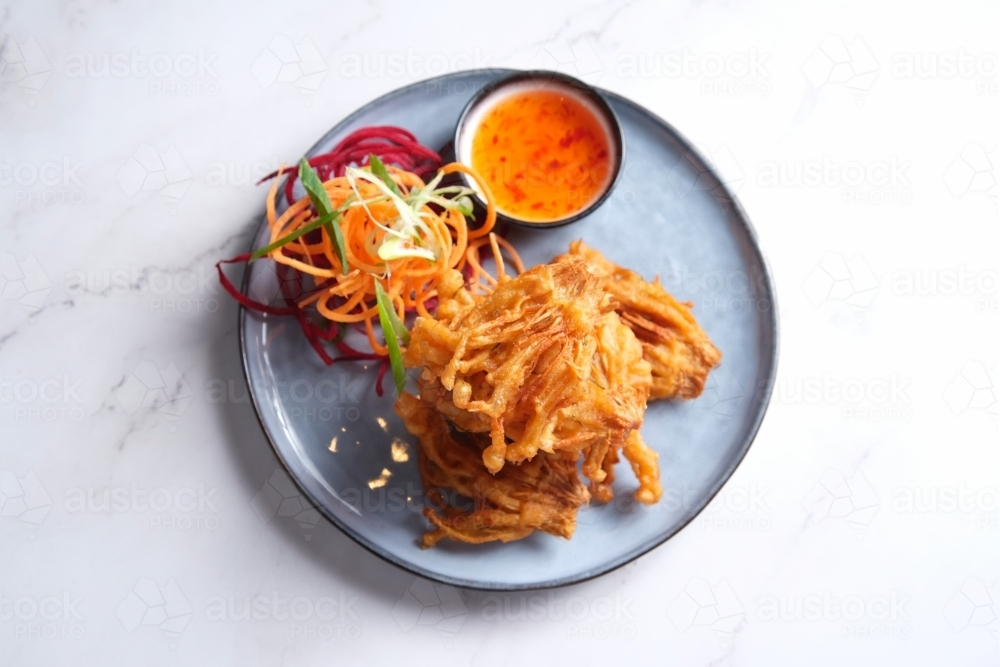 Image of Deep fried enoki mushrooms served with salad crunch and sweet ...