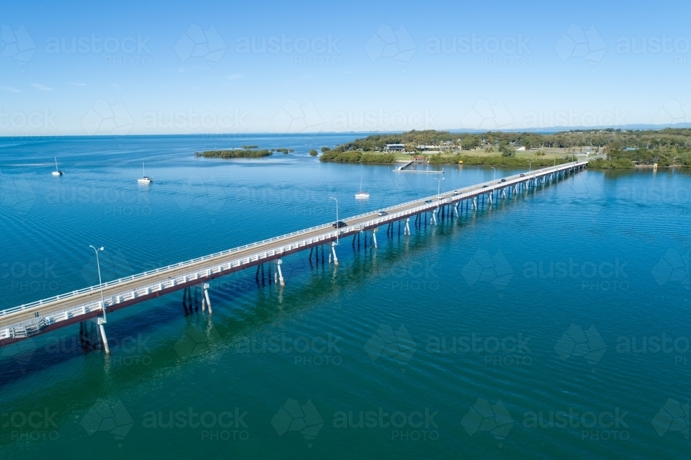 Image of Diagonal view of Bribie Island bridge and estuary. - Austockphoto