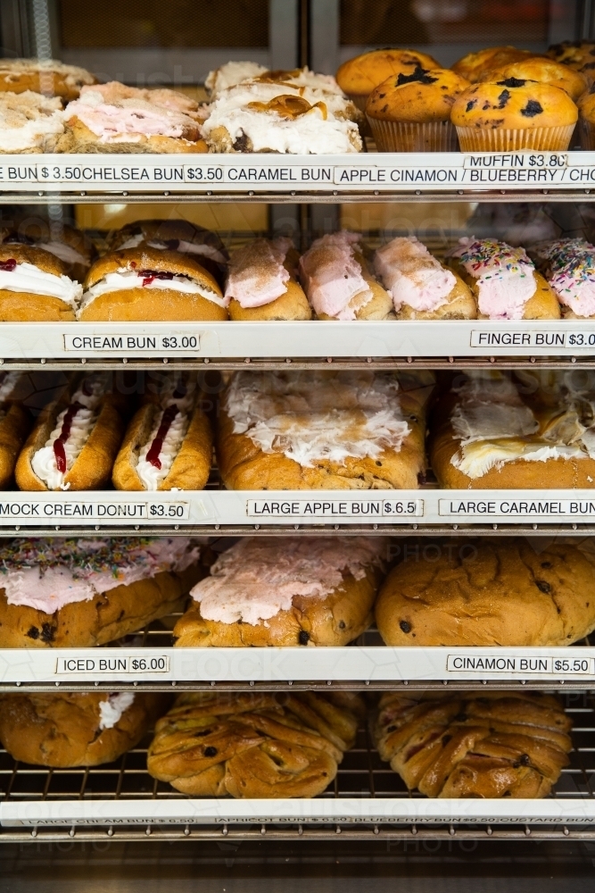 Image of different buns and other sweet bakery items for sale ...