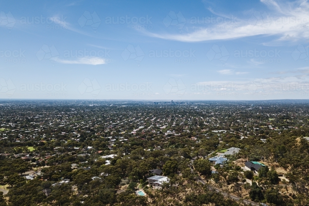 Image of drone aerial landscape of suburbs looking to Adelaide city ...