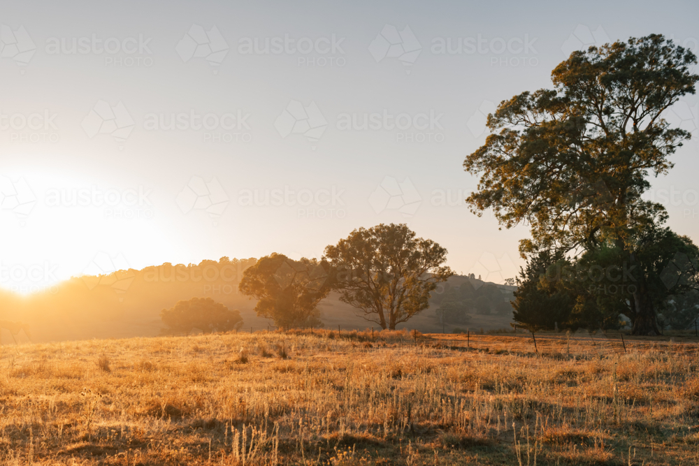 Image of Early morning sunrise emerging over distant hills in the ...