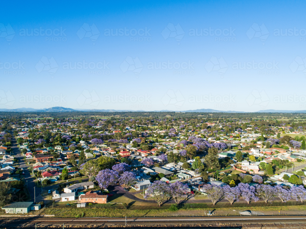 Image of Edge of country town in Australia in early summer with purple ...
