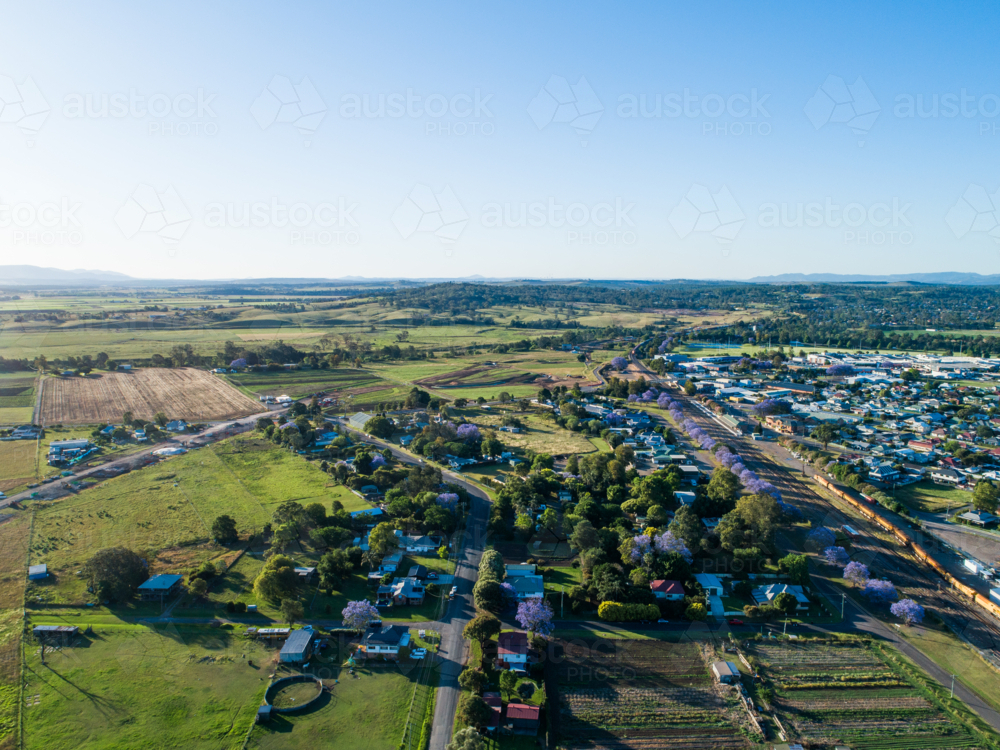 Image of Edge of country town in Australia in early summer with purple ...