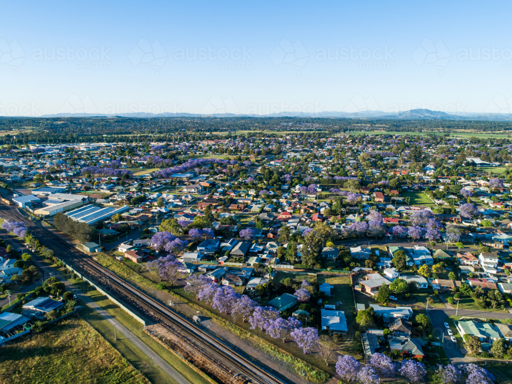 Image of Edge of country town in Australia in early summer with purple ...