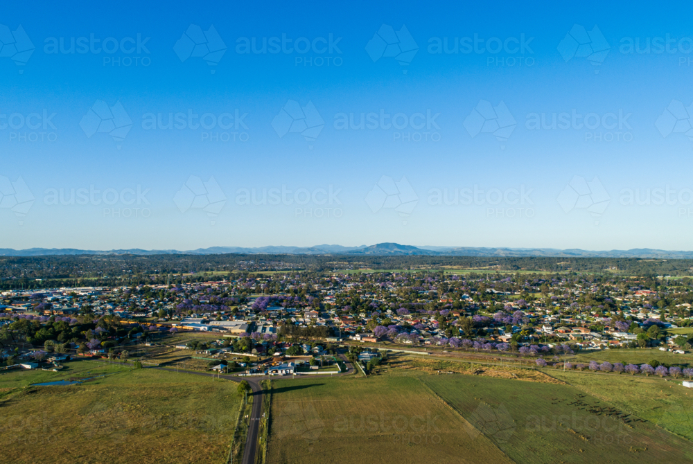 Image of Edge of country town in Australia in early summer with purple ...