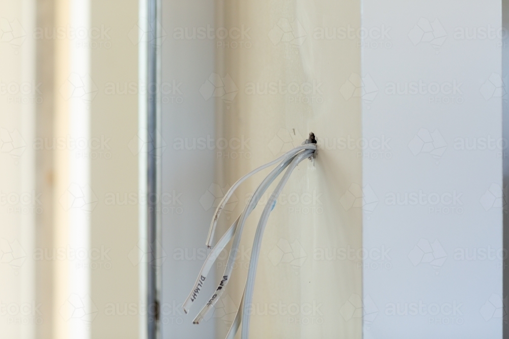 Image of Electrical cables protruding through wall in new home during ...